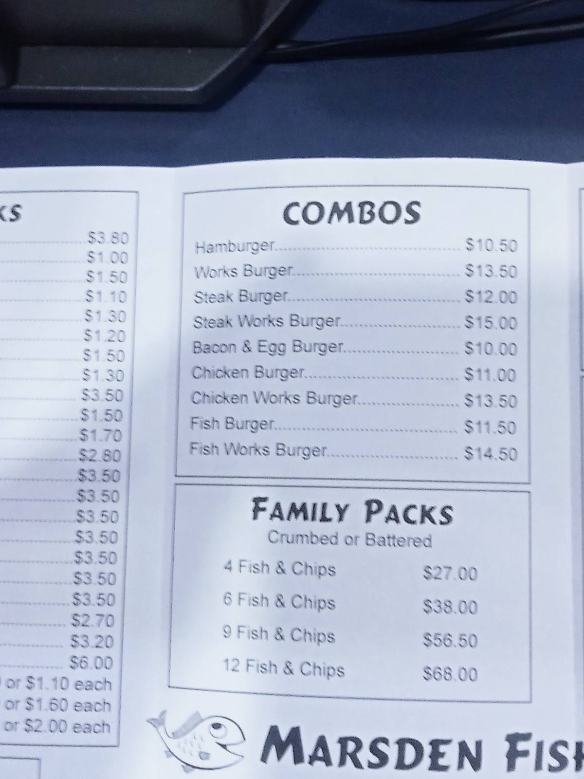 Menu at Marsden Fish & Takeaways fast food, Marsden