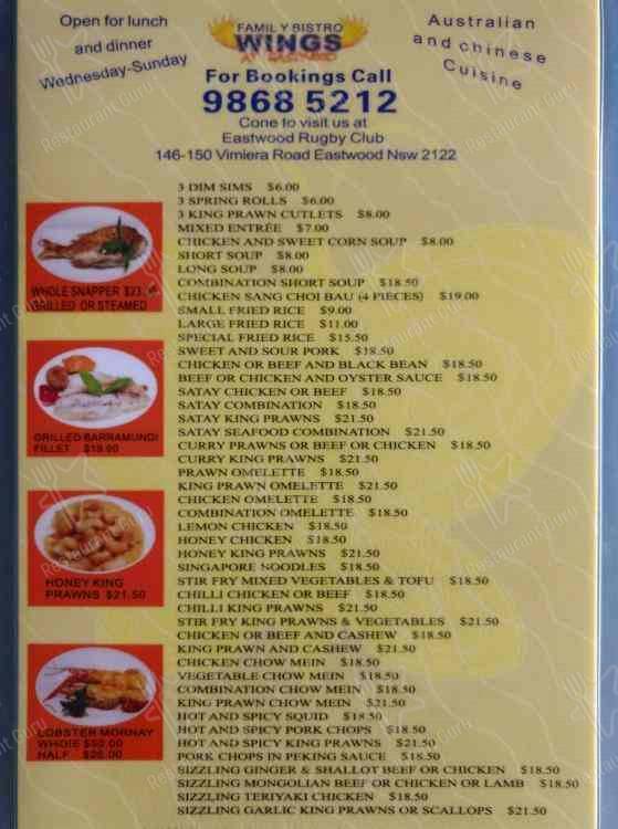 Menu at Wings, Marsfield