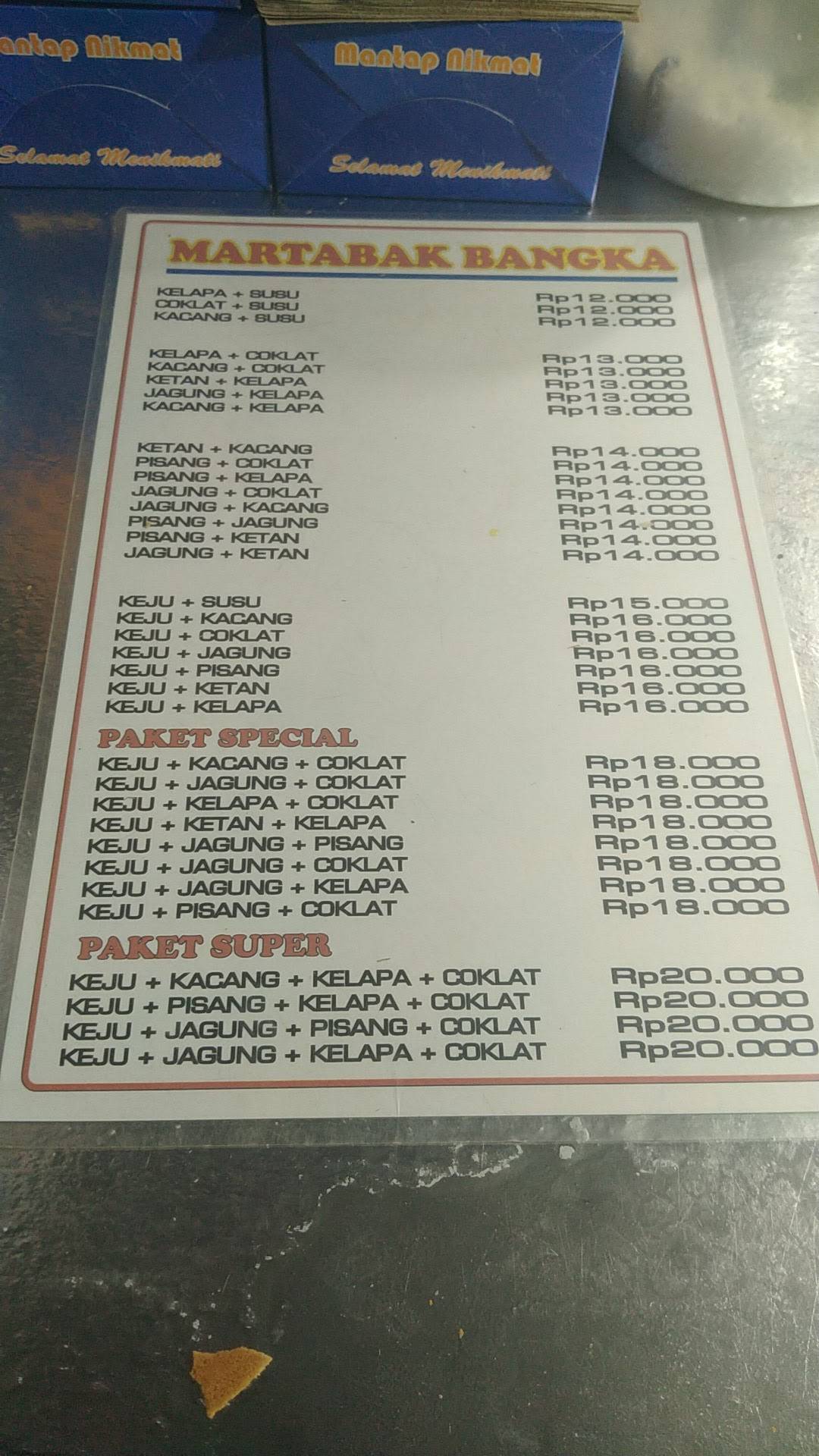 Menu at Martabak Bangka restaurant, Batam, Jl. Raja Alikelana