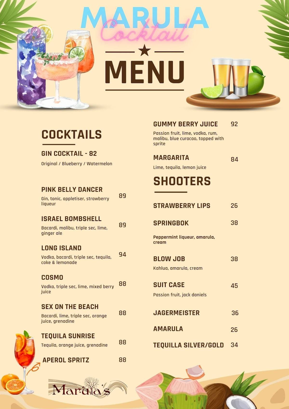 Menu at Marula Coffee Shop restaurant, Durban