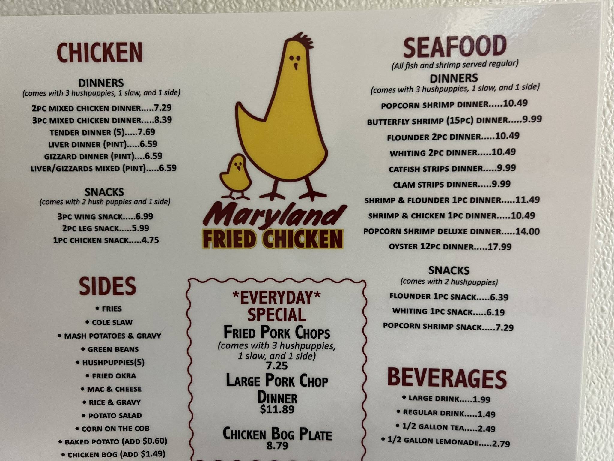 Menu at Maryland Fried Chicken of Hartsville / The Shrimper restaurant ...