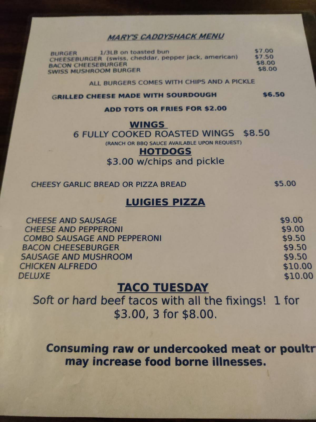 Menu at Mary's Caddyshack And Grill pub & bar, New Berlin