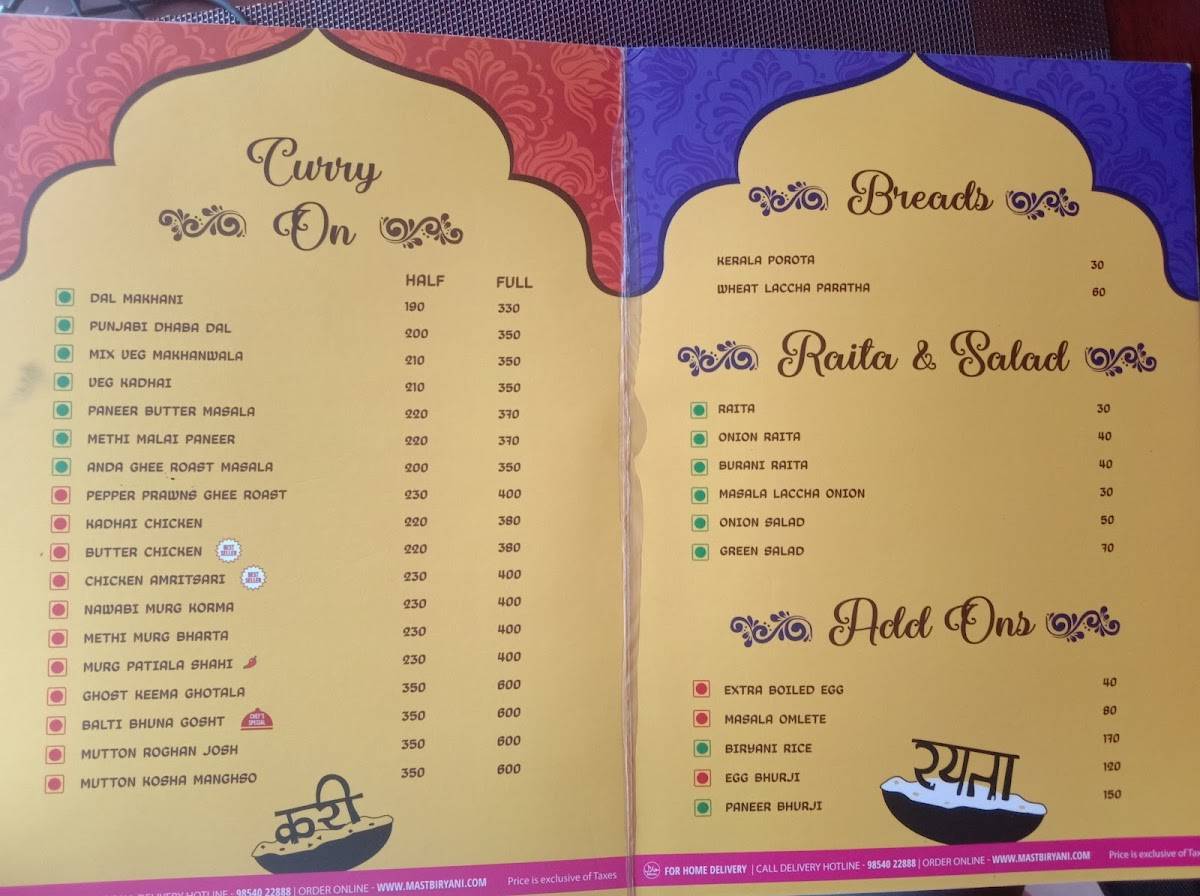 Menu at Mast Biryani, Bhatemora Gaon