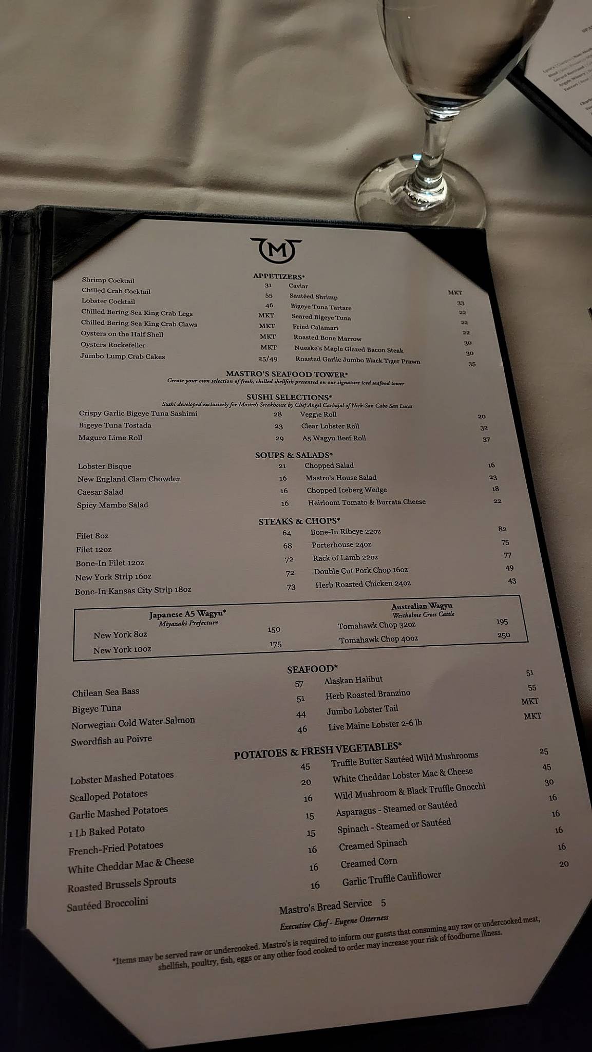 Menu at Mastro's Ocean Club, Las Vegas