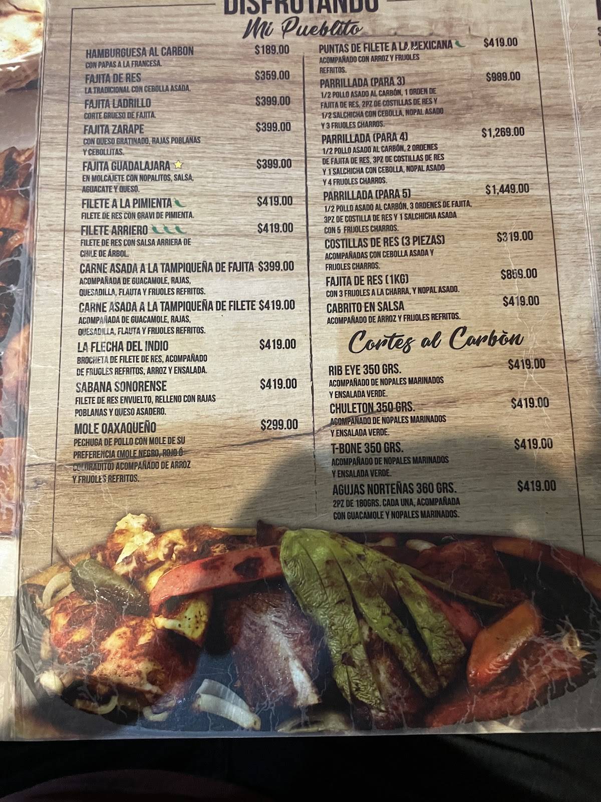Menu at Mi Pueblito restaurant, Matamoros, C. Cinco 13