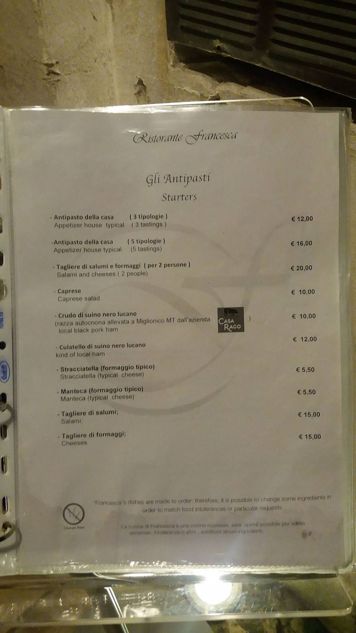 Menu at Ristorante Francesca, Matera