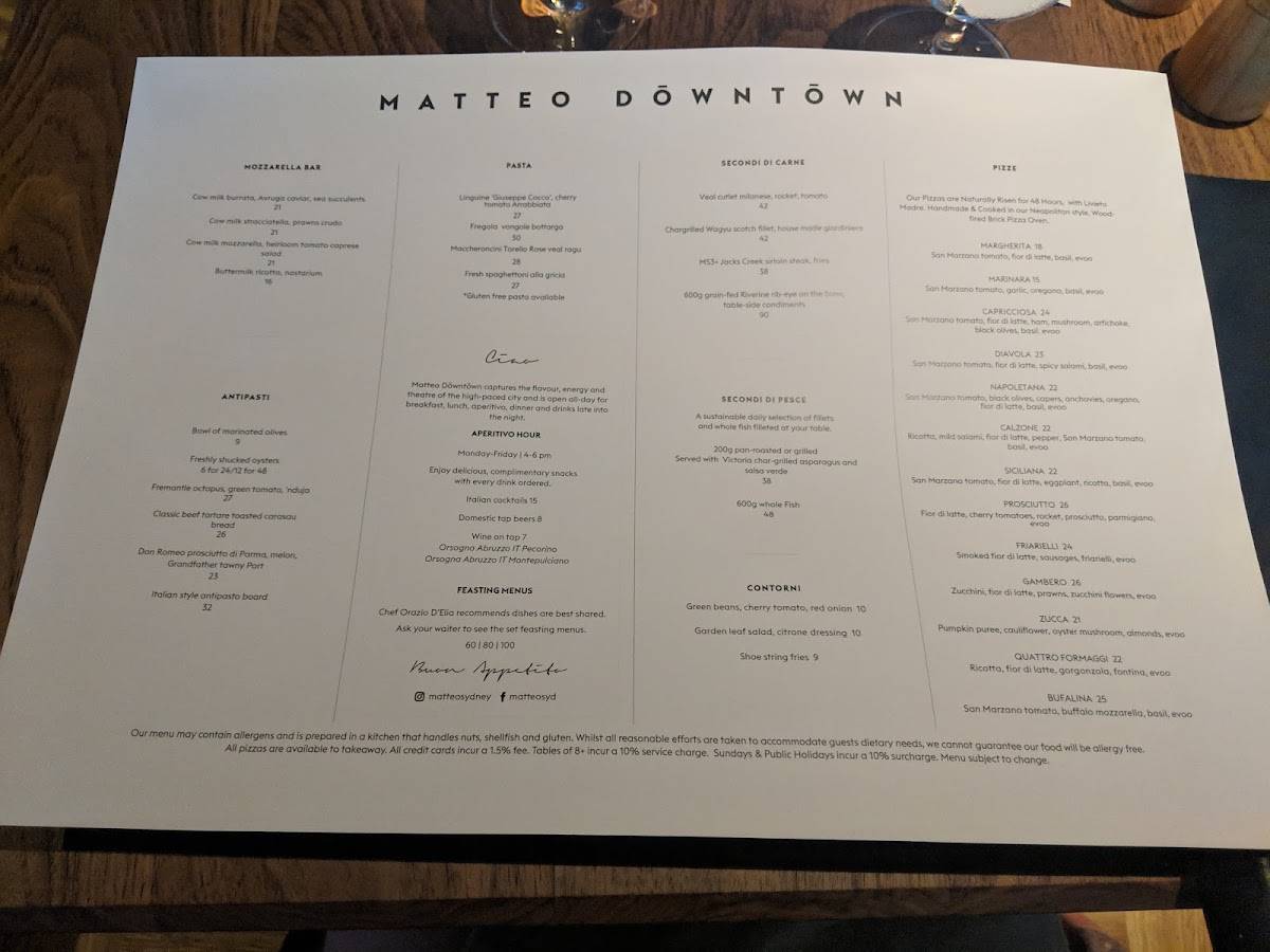 Menu at Matteo Downtown restaurant, Sydney