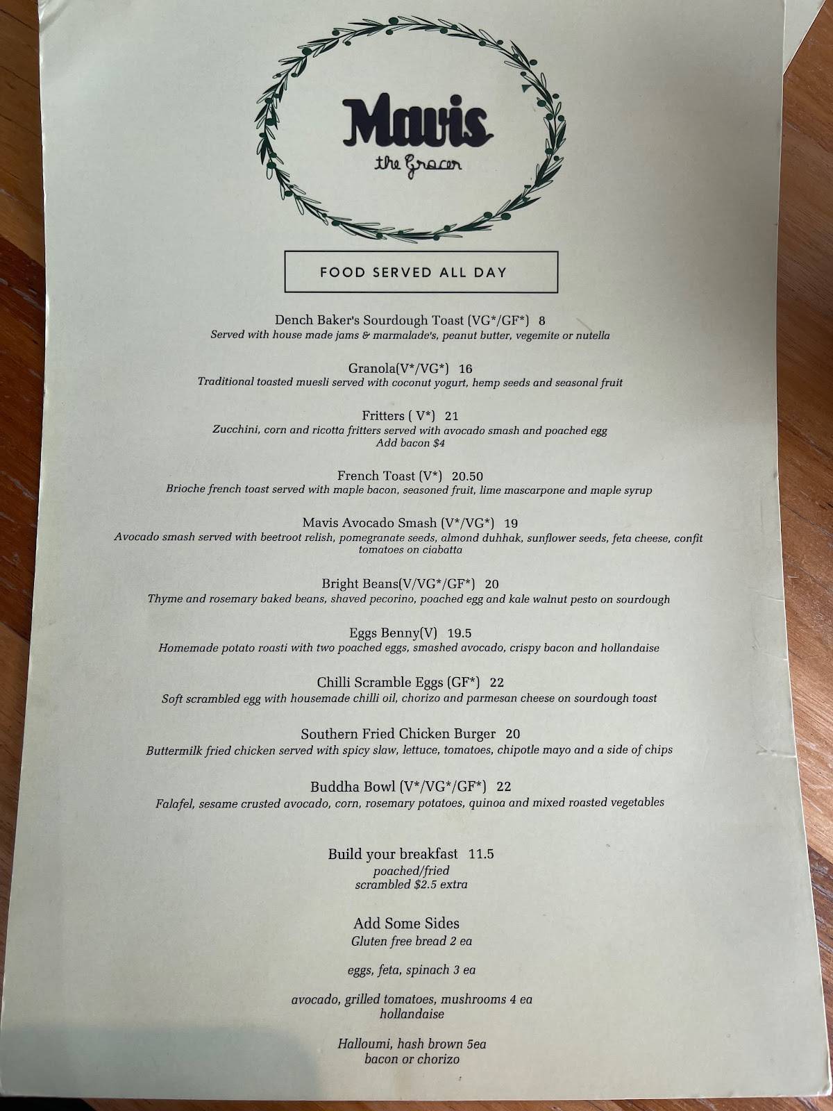 Menu at Mavis the Grocer pub & bar, Abbotsford