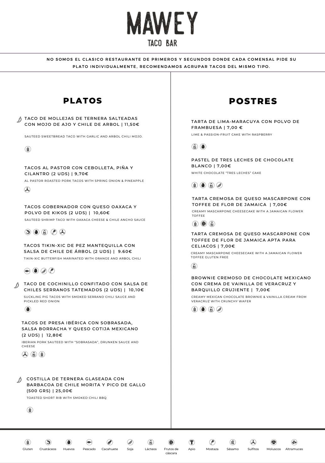 Menu at Mawey Taco Bar - Lopez de Hoyos, Madrid