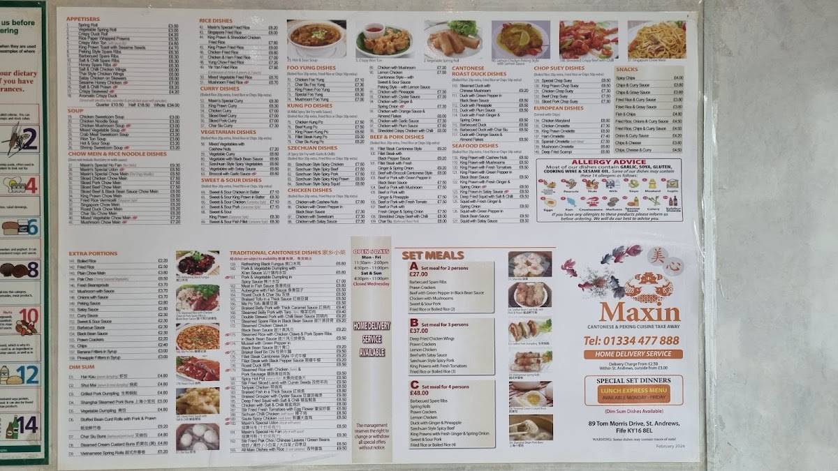 Menu at Maxin Chinese Takeaway restaurant, Saint Andrews