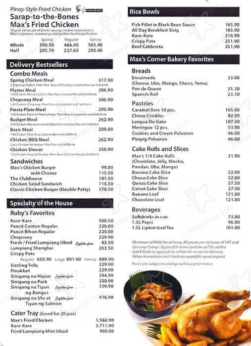 Menu at Max's Restaurant, Quezon City, J3C2+WX4