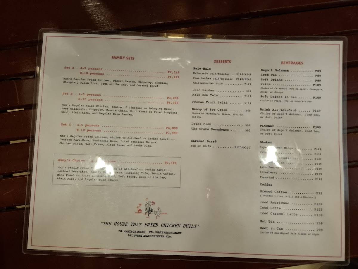 Menu at Max’s Restaurant, Bacolod, North Wing Reclamation Area SM Bacolod