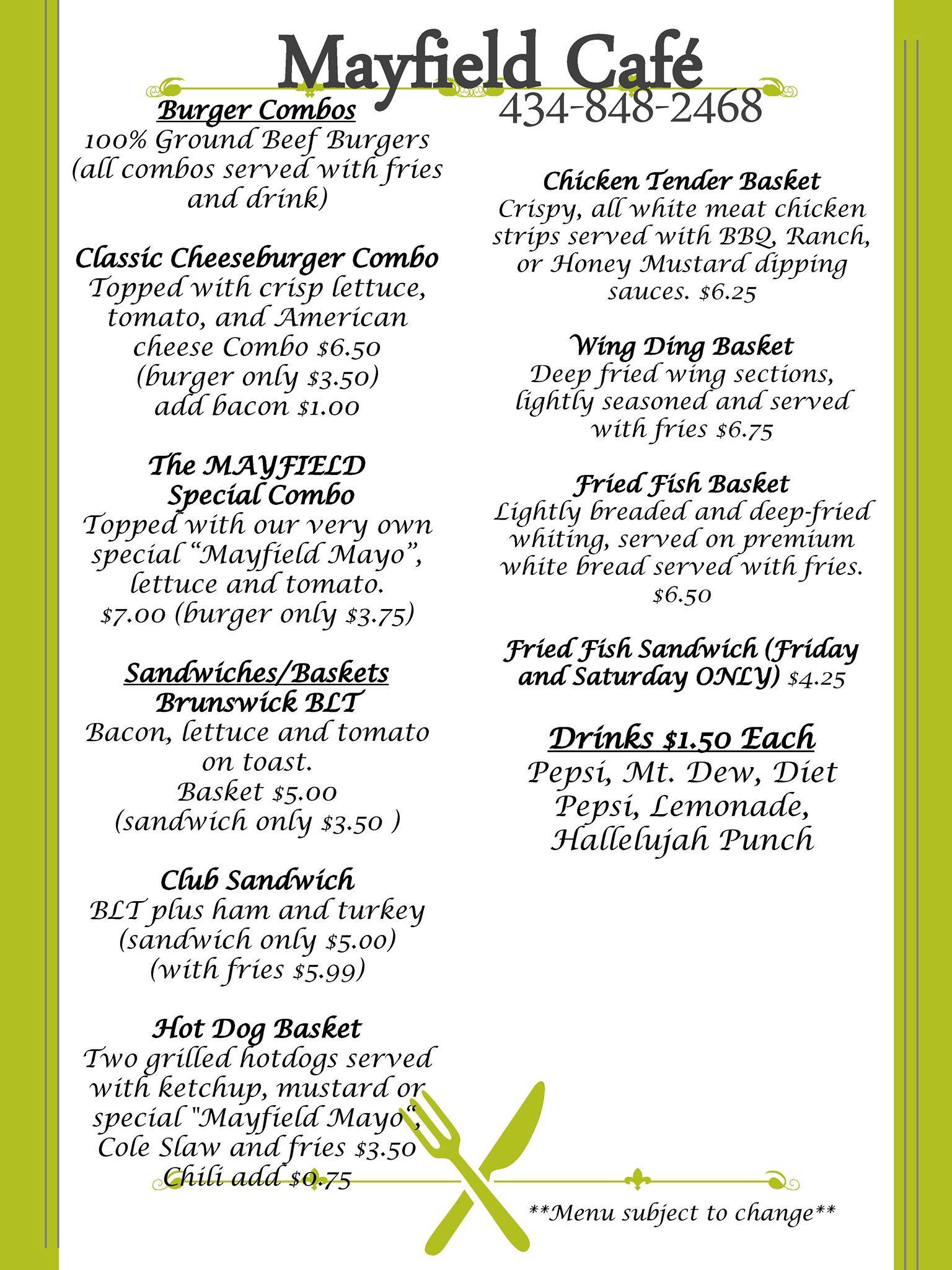 Menu at Mayfield Cafe Lawrenceville VA, Lawrenceville