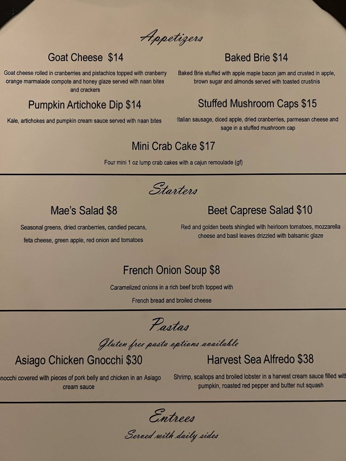 Menu at Mae’s Restaurant, Hopwood