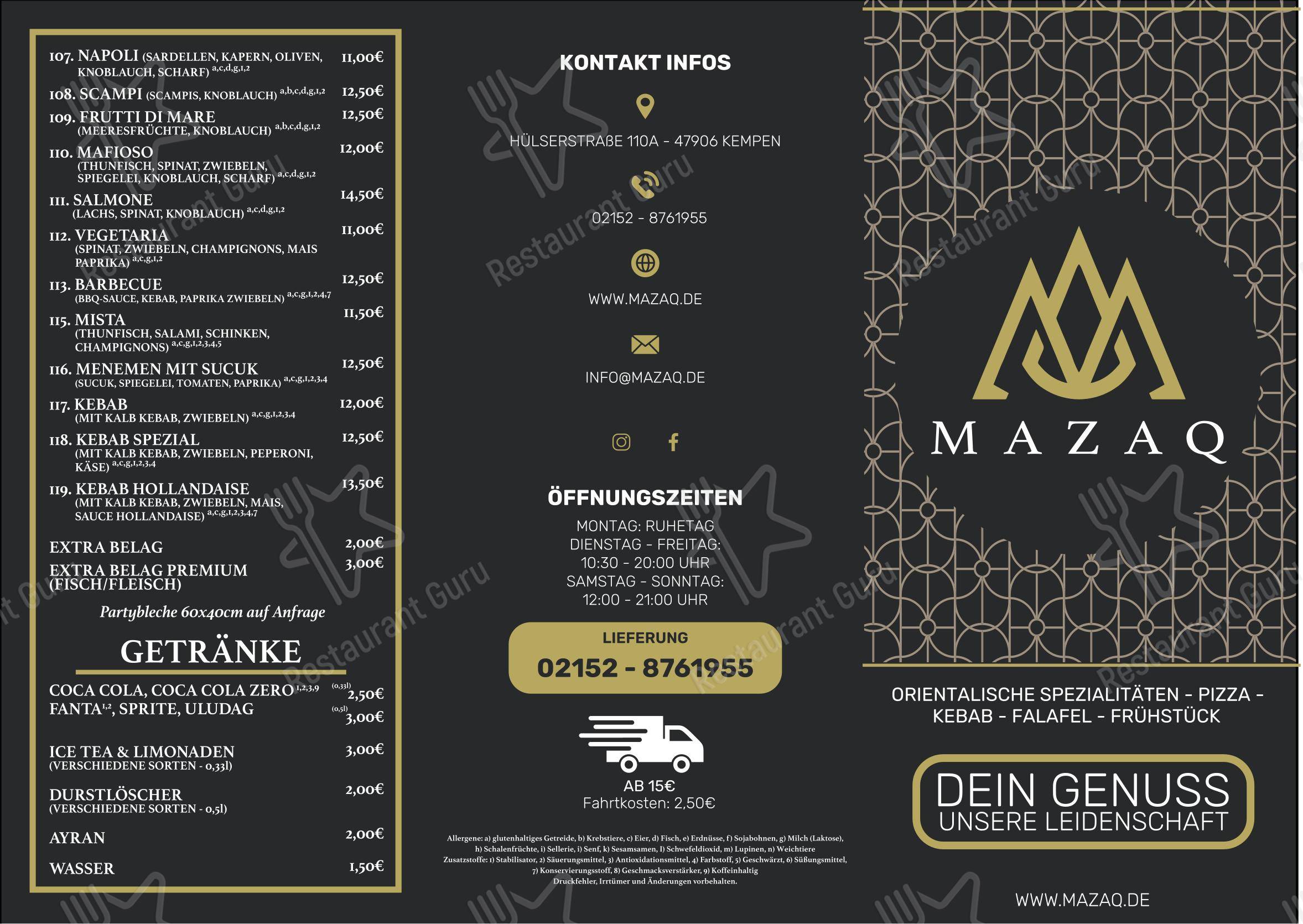 Speisekarte von Mazaq - Türkisch Arabische Spezialitäten restaurant, Kempen