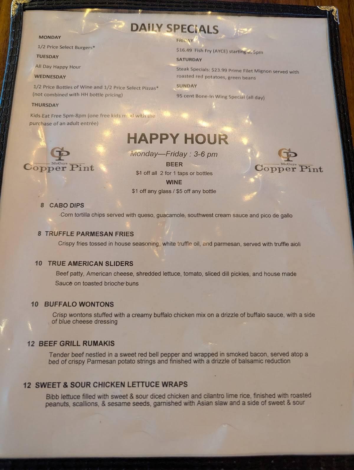 Menu at McCoys Copper Pint pub & bar, Shakopee