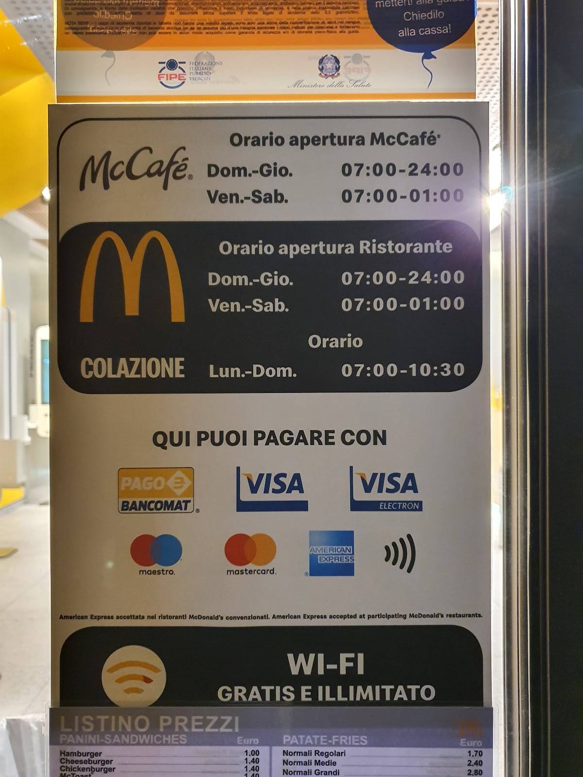 Carta del restaurante McDonald’s, Roma, Via delle Muratte