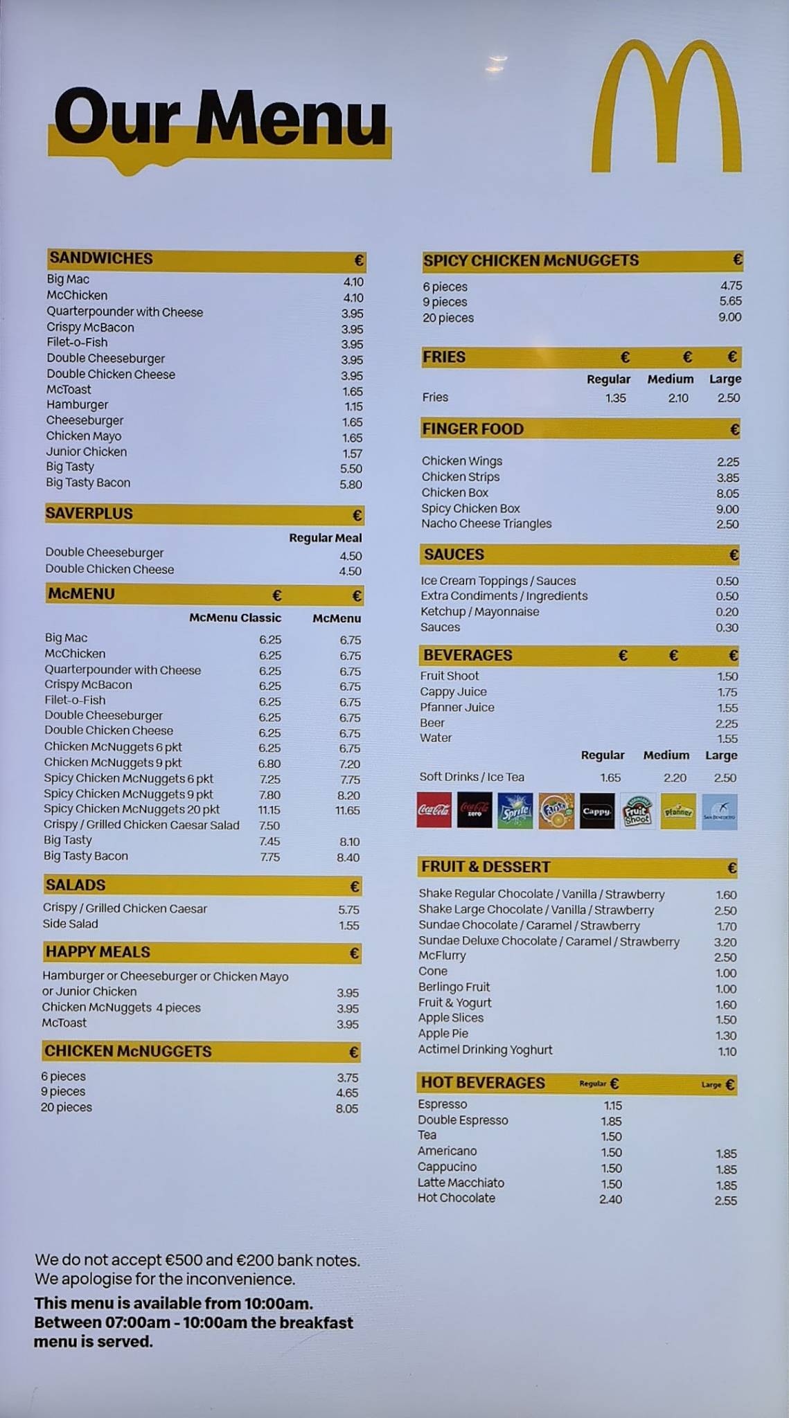 Menu at McDonald's restaurant, Saint Paul's Bay, Bugibba Square San ...