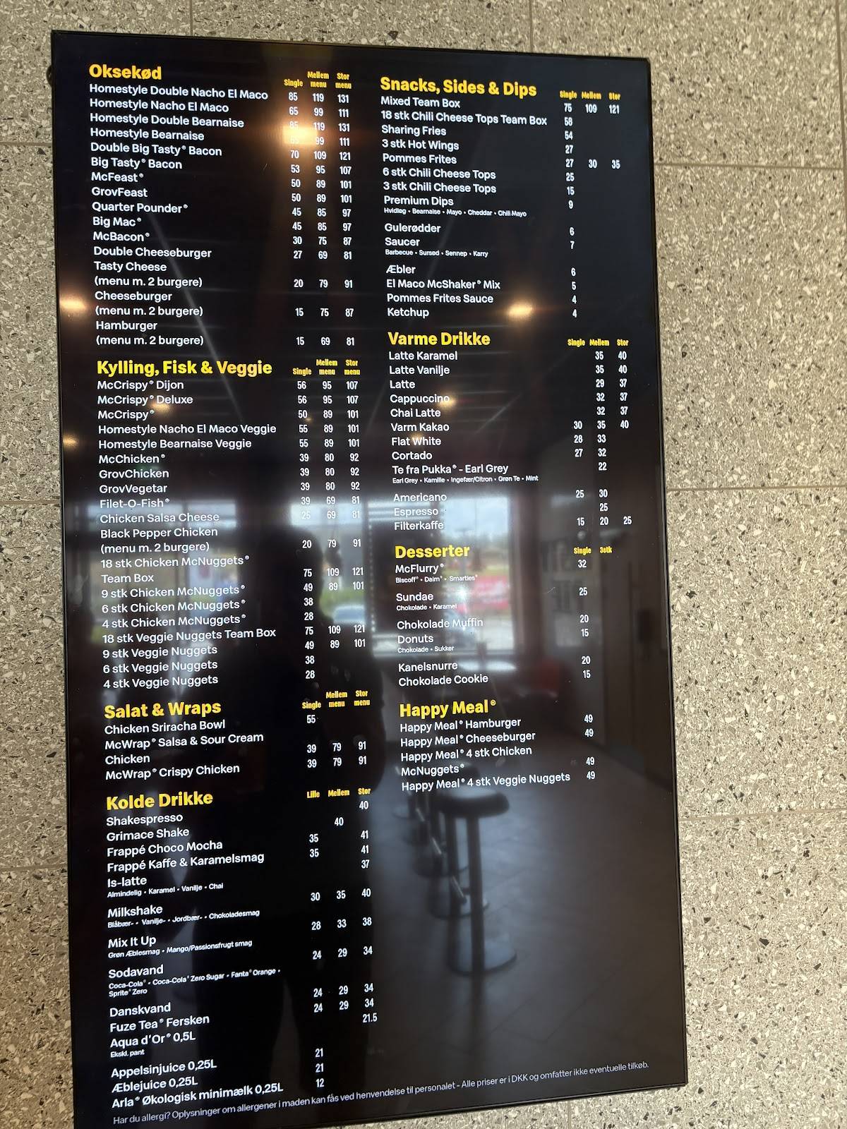 Menu at McDonald's restaurant, Aarup