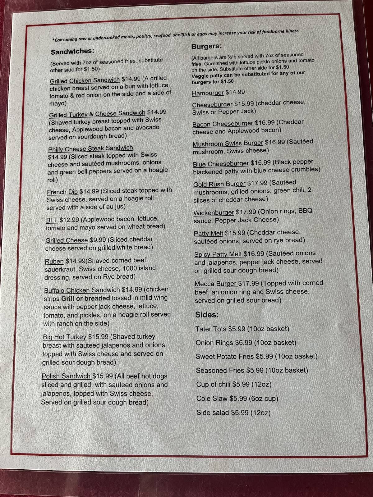Menu at Mecca Bar And Grill, Wickenburg