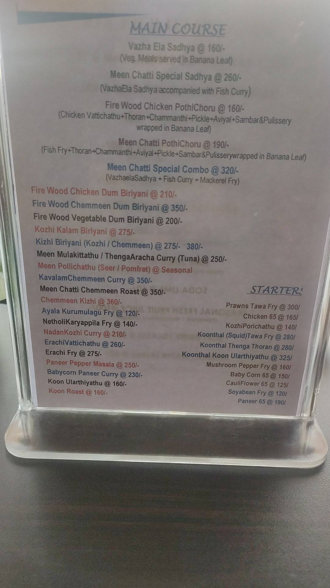 Menu at Meen Chatti(Authentic Kerala Cuisine), Bengaluru