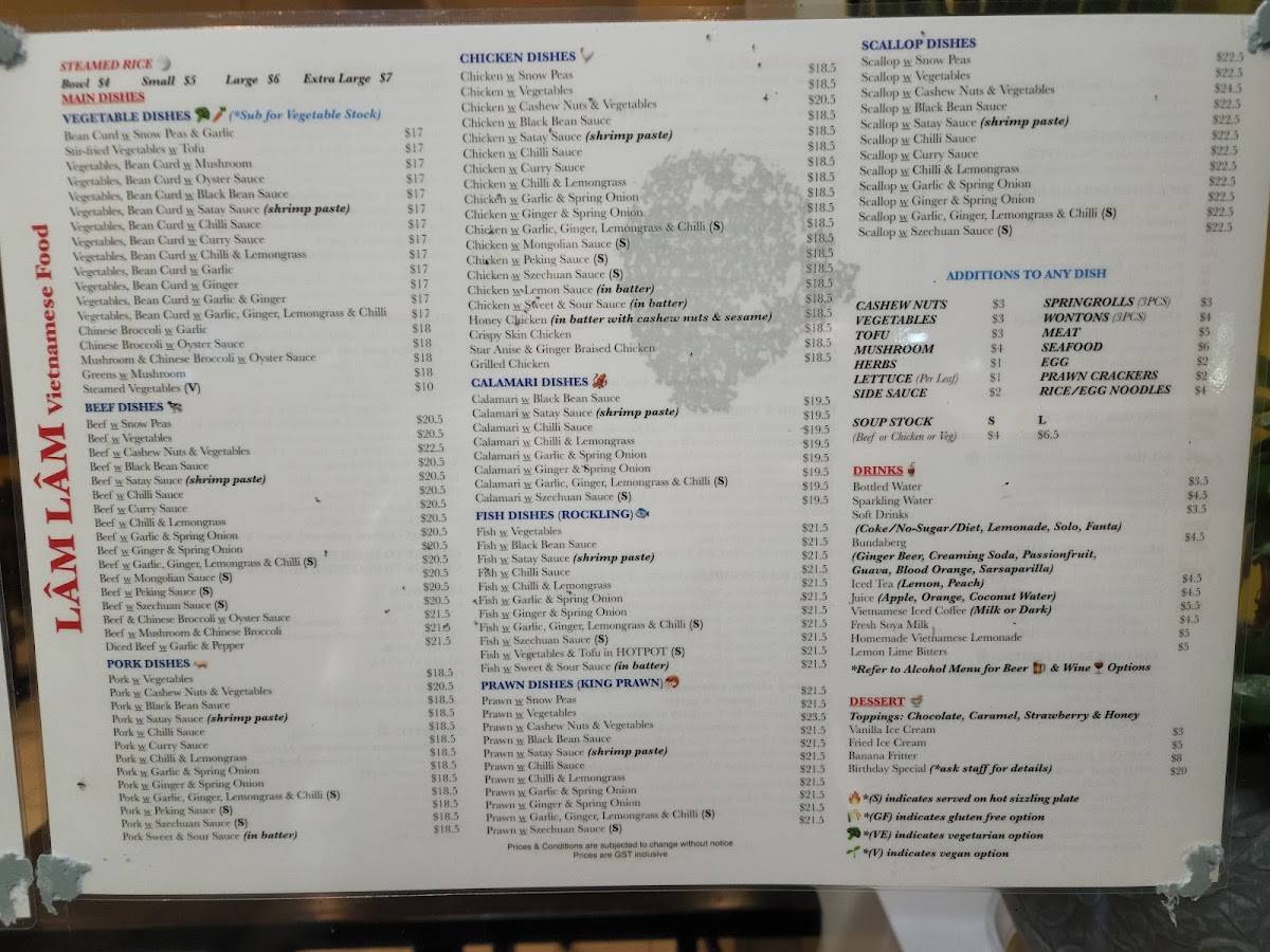 Menu at Lam Lam restaurant, Melbourne, 399A High St
