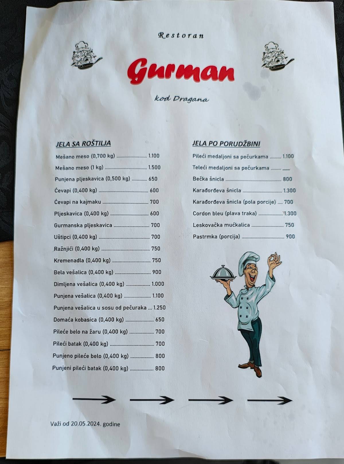 Menu at Gurman Kod Dragana restaurant, Meljak
