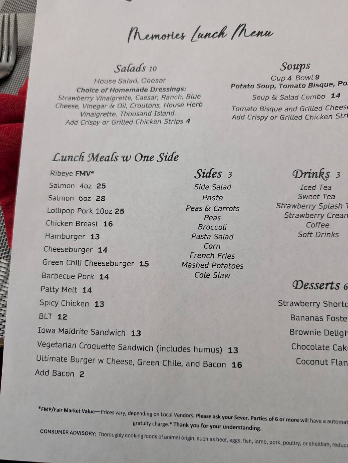Menu at Memories Fine Dining restaurant, Alamogordo