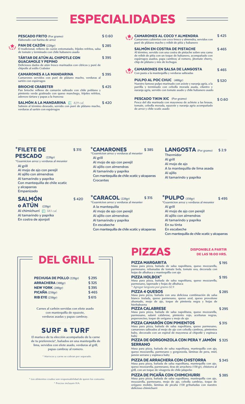 Carta del restaurante Crabster, Merida
