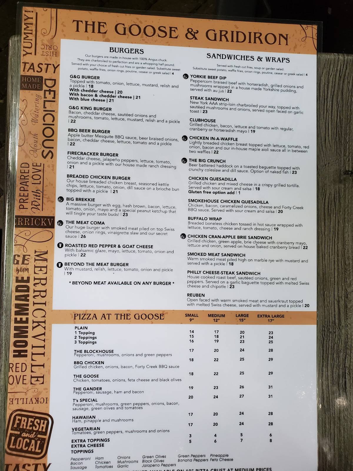 Menu at The Goose & Gridiron pub & bar, Merrickville-Wolford