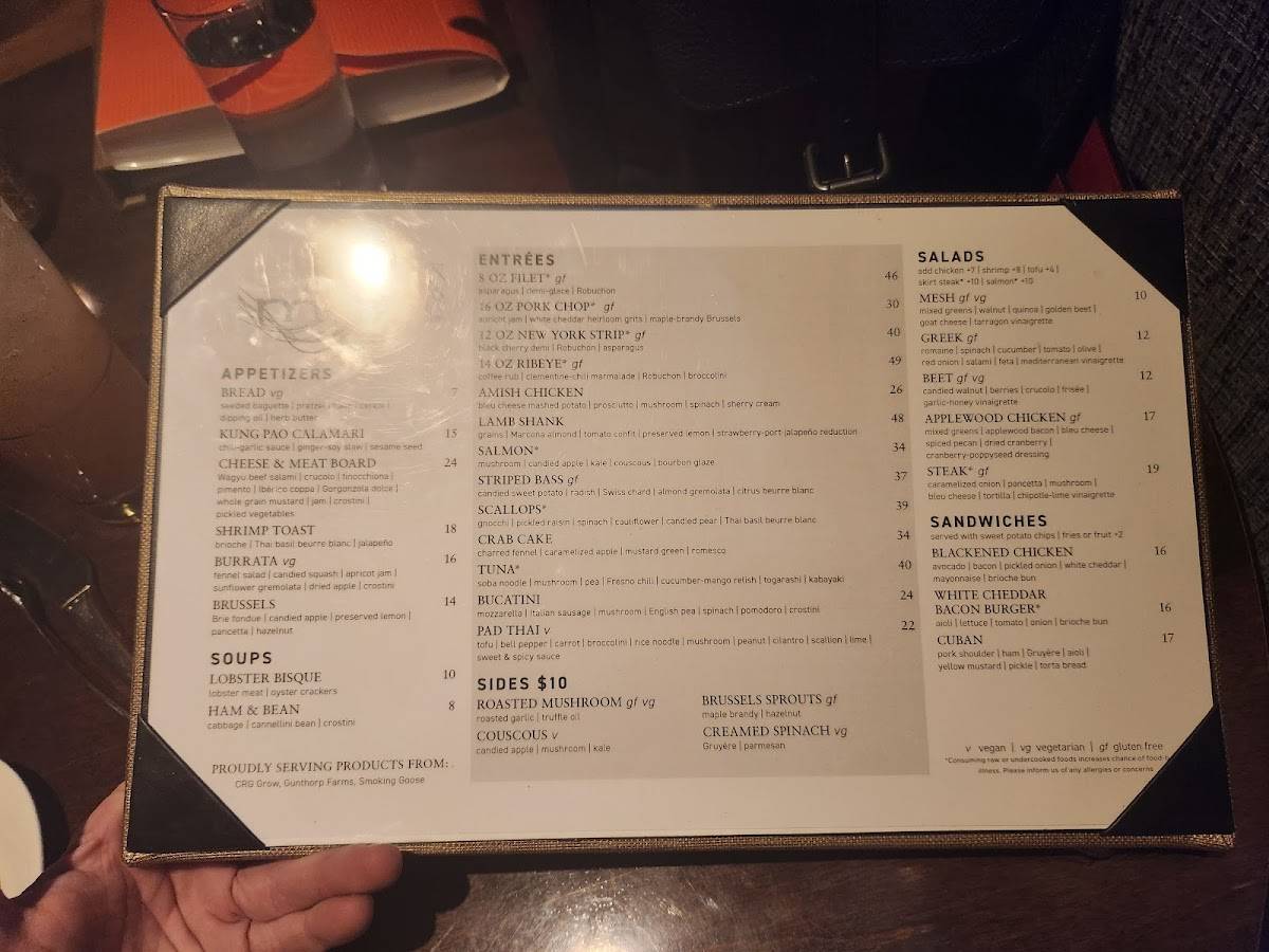 Menu at Mesh steakhouse, Indianapolis