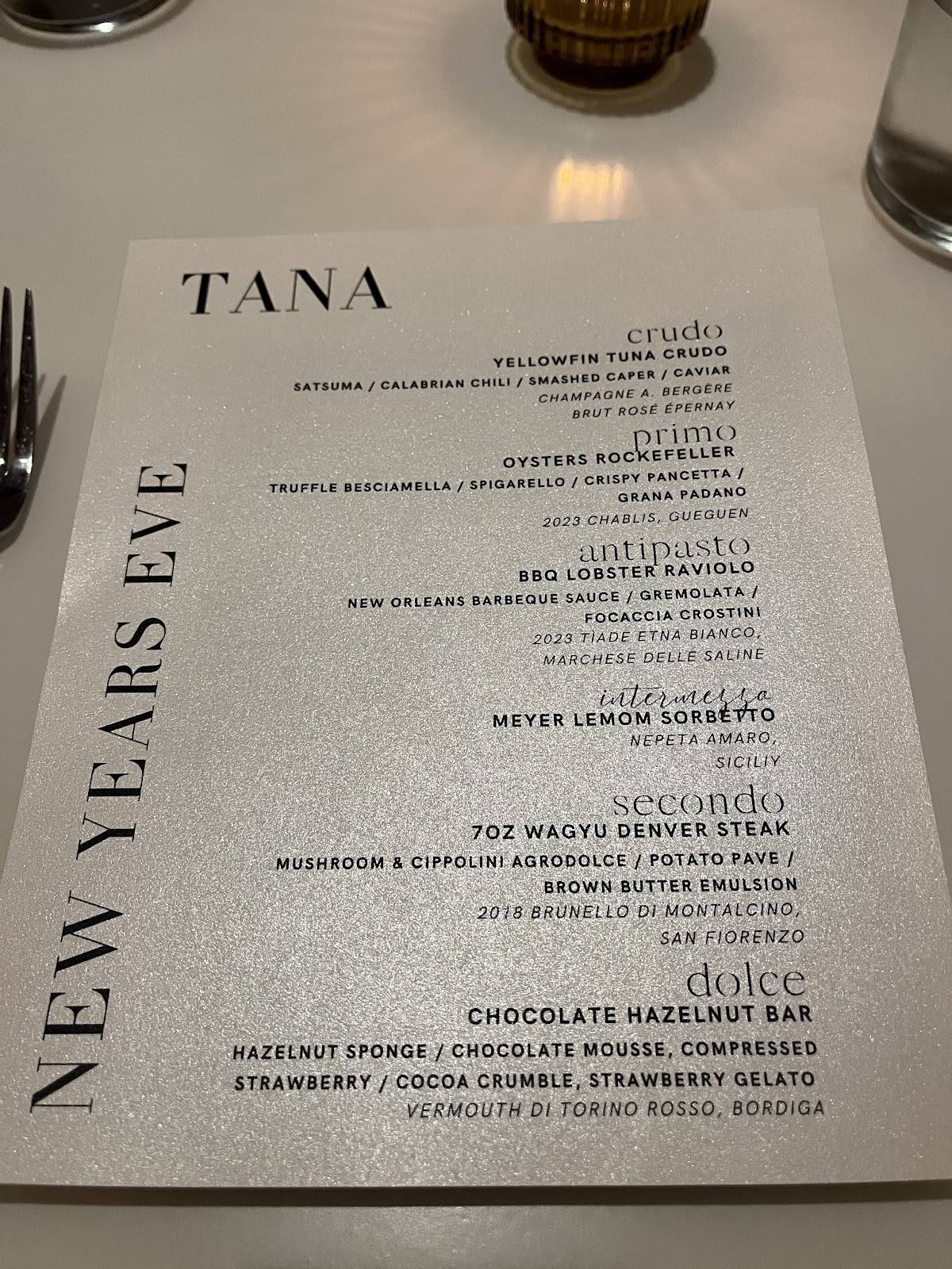 Menu at TANA restaurant, Metairie
