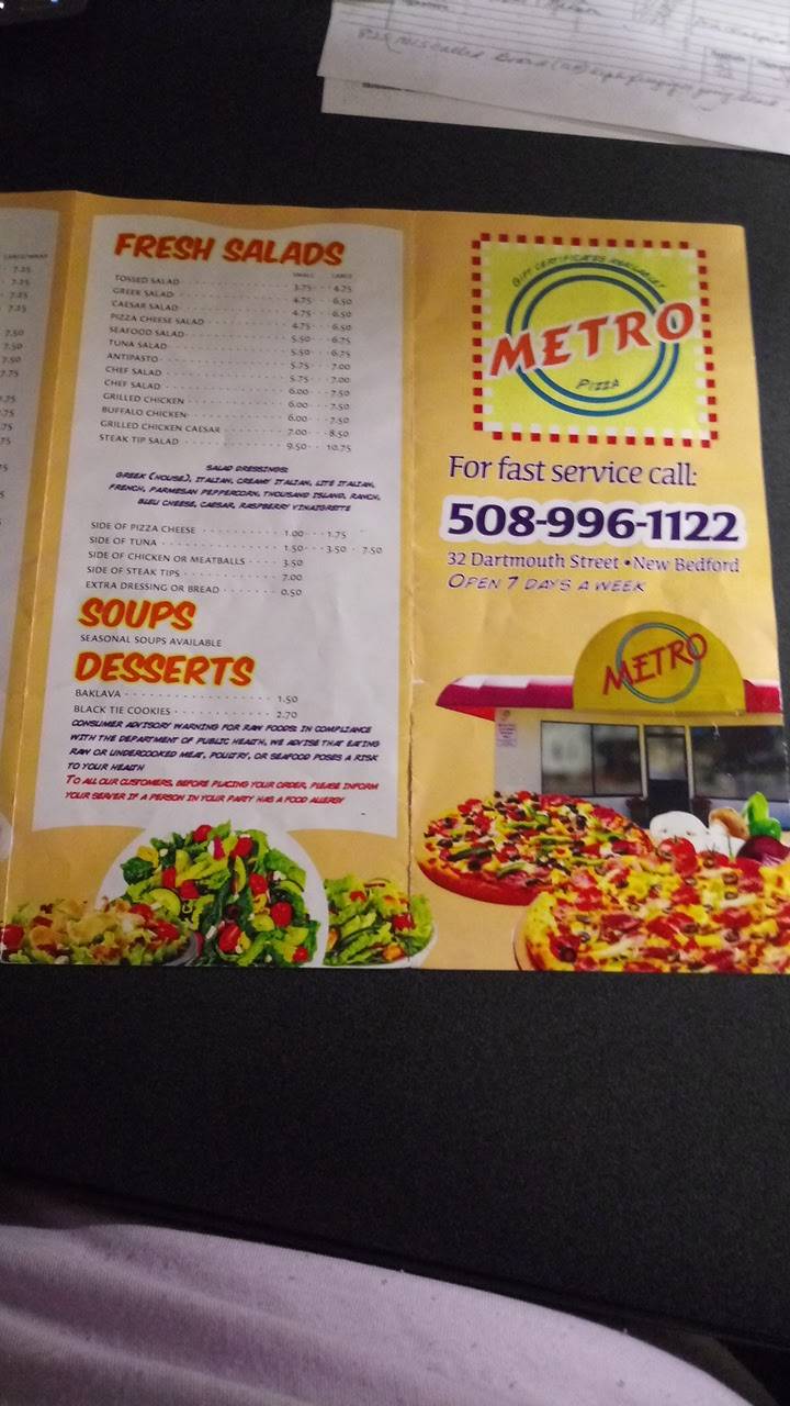 Menu at Metro Pizza pizzeria, New Bedford, 32 Dartmouth St