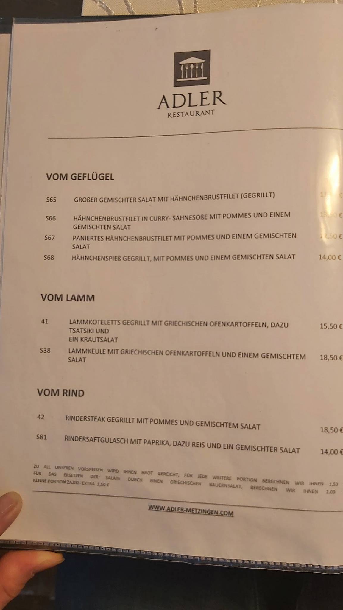 Speisekarte von Restaurant Adler, Metzingen