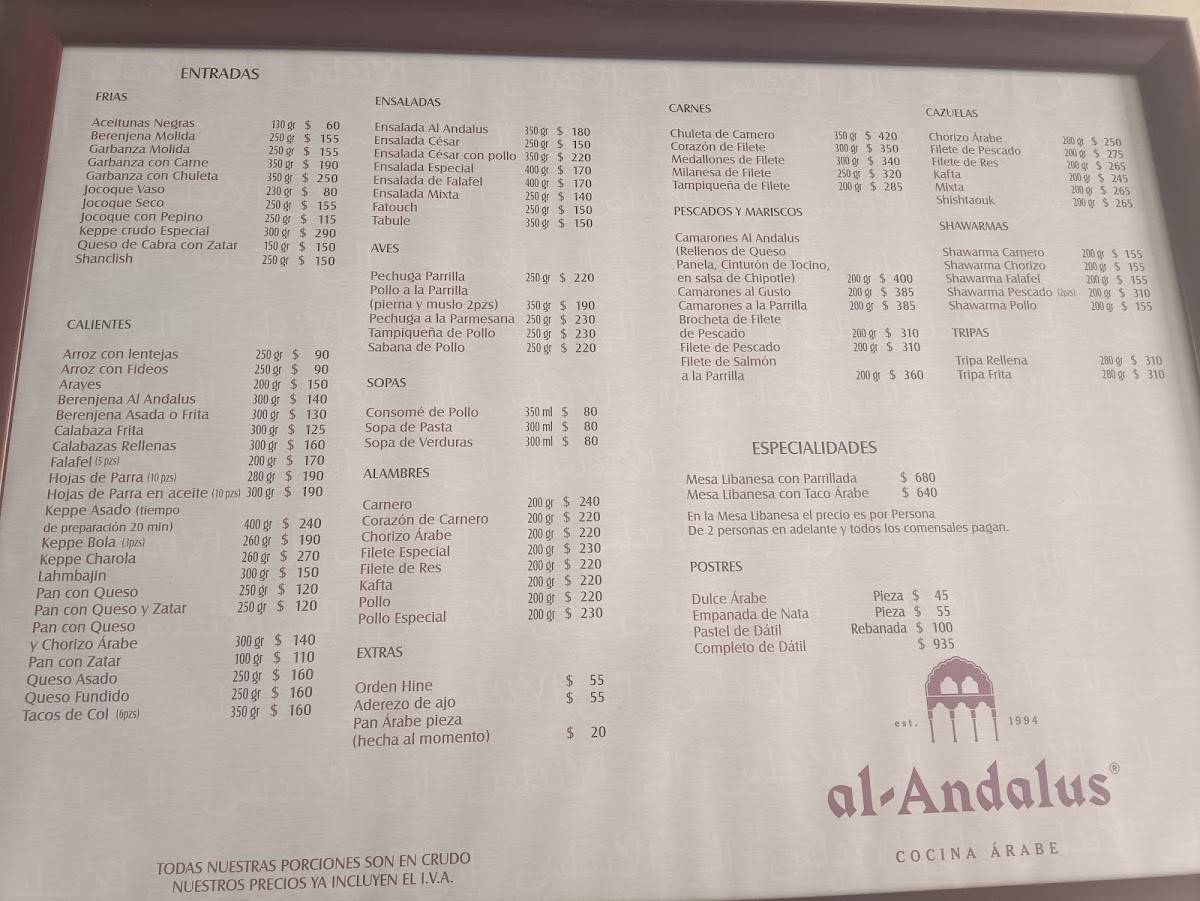 Carta del restaurante Al Andalus, Ciudad del México, Mesones 171 Nueva ...