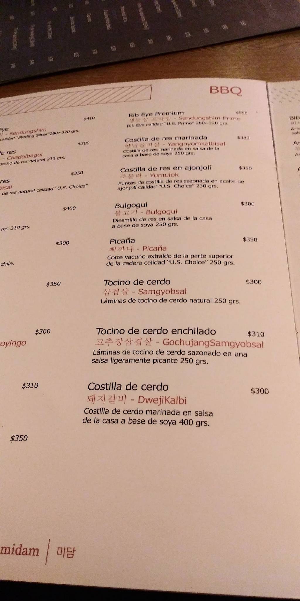 Carta del restaurante Midam, Ciudad López Mateos