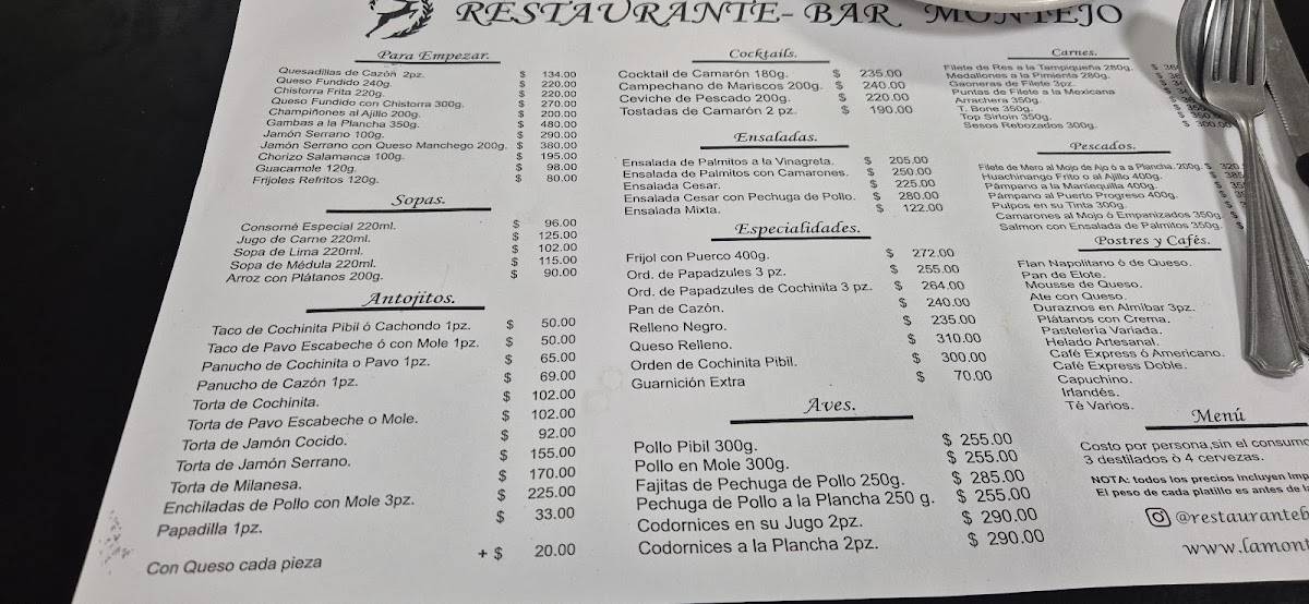 Carta del pub y bar Montejo, Ciudad del México, Av. Benjamín Franklin 261-A