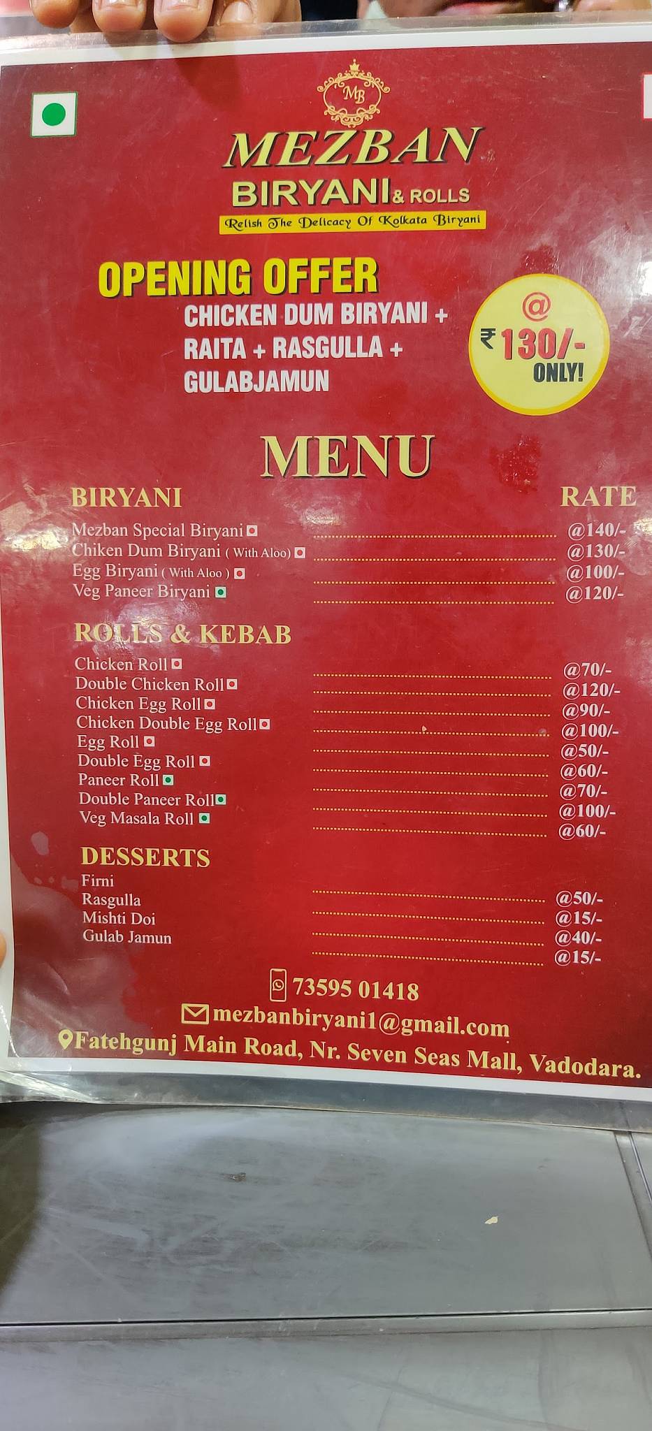 Menu at Mezban Biryani, Vadodara