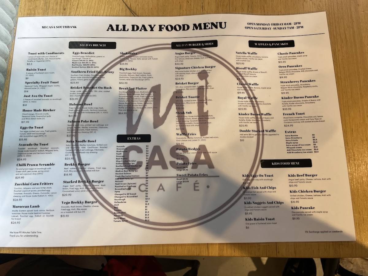 Menu at Mi Casa Cafè cafe, South Brisbane