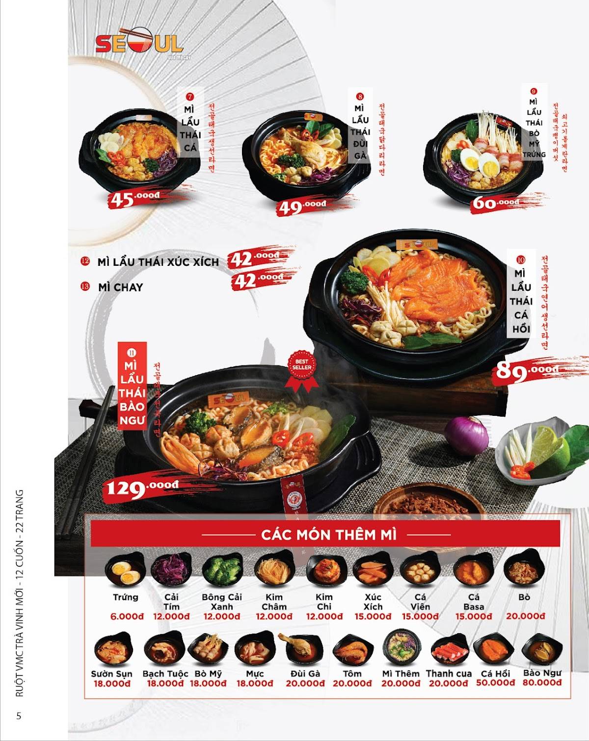 Menu at Mì Cay Seoul Lagi restaurant, Vietnam