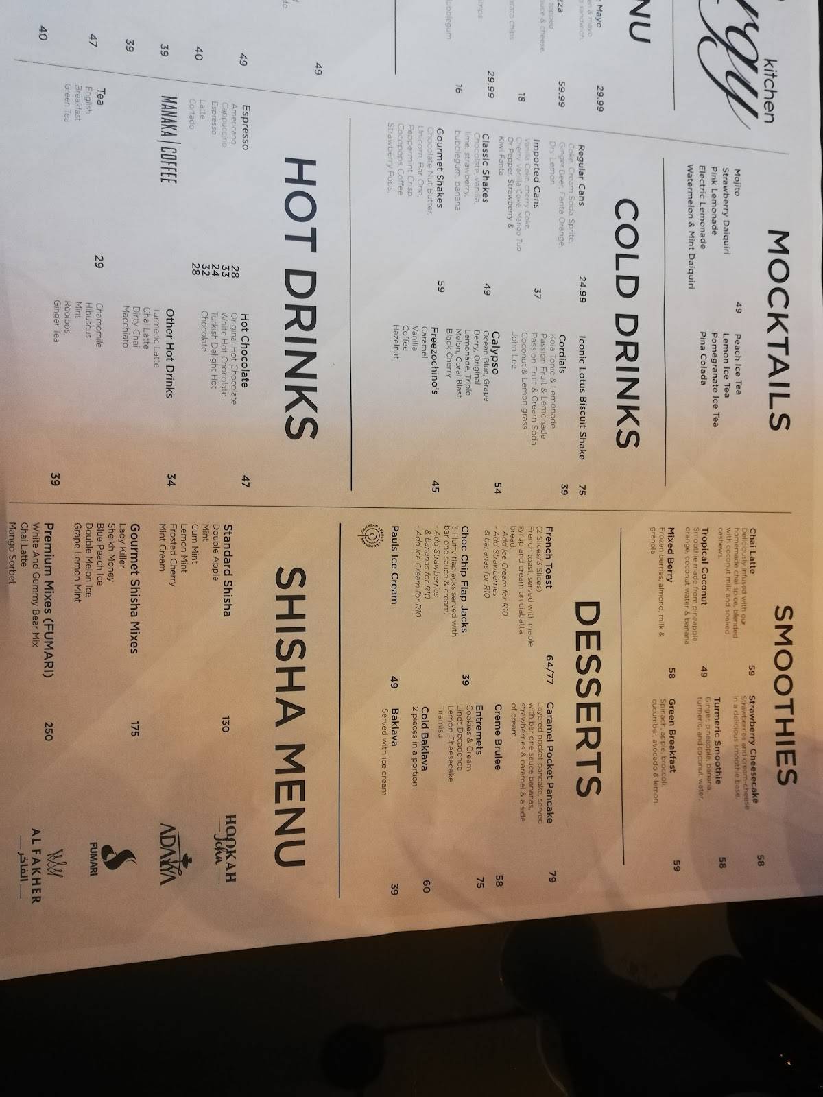 Menu at MiHa Melrose Arch restaurant, Johannesburg