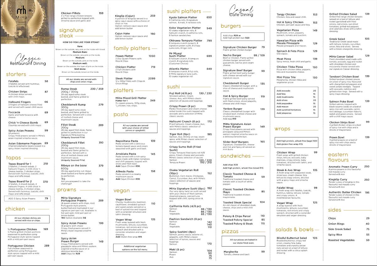 Menu at MiHa Melrose Arch restaurant, Johannesburg