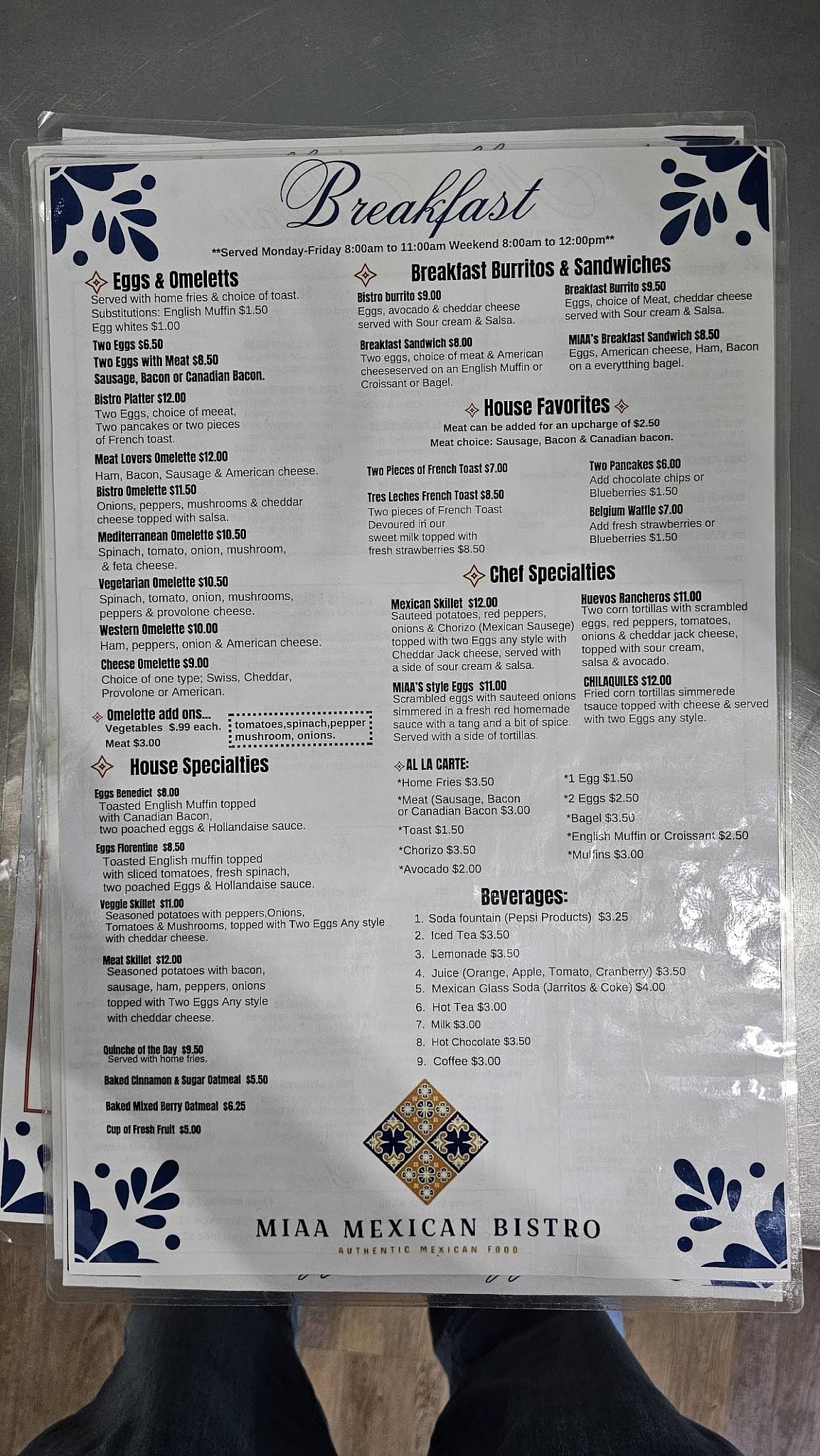 Menu at Miaa Mexican Bistro restaurant, Palmyra