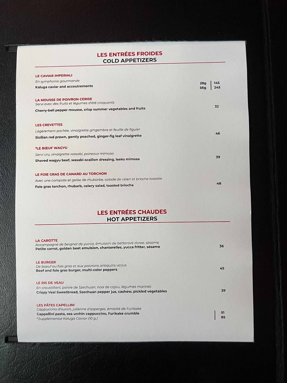 Menu at L’Atelier de Joël Robuchon restaurant, Miami