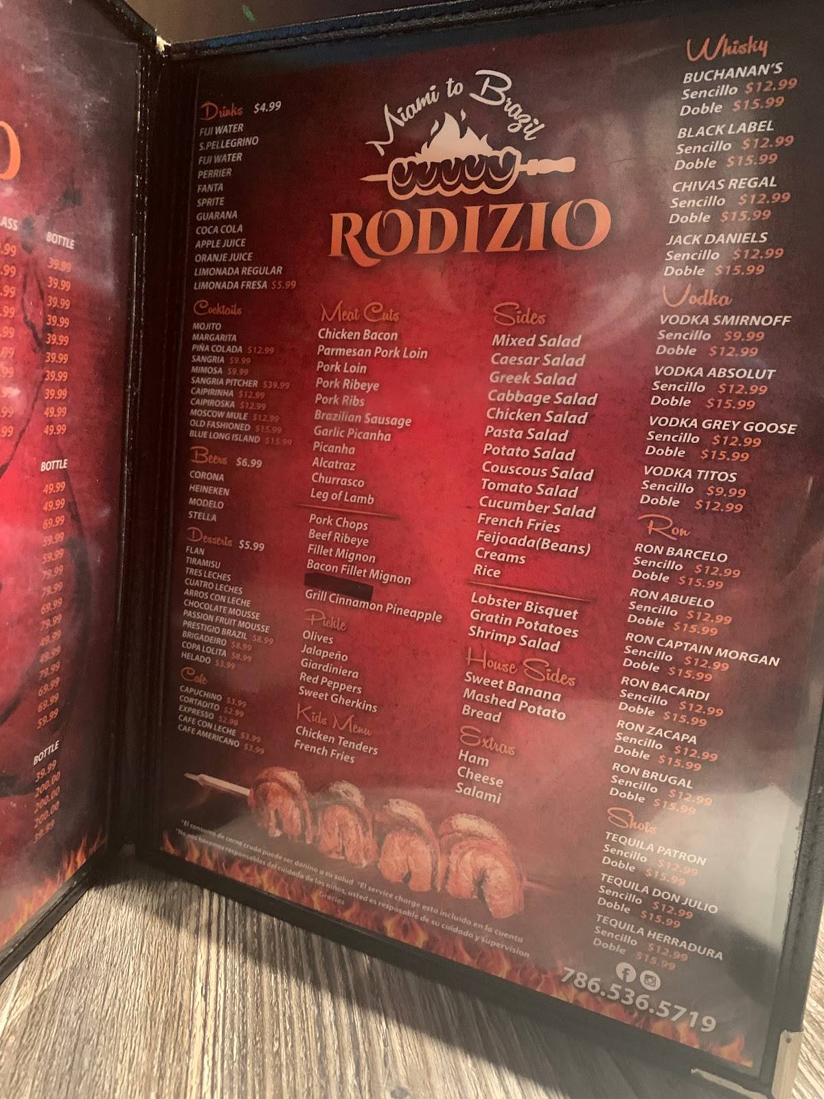 Menu at Miami to Brazil Rodizio steakhouse, Kendall West