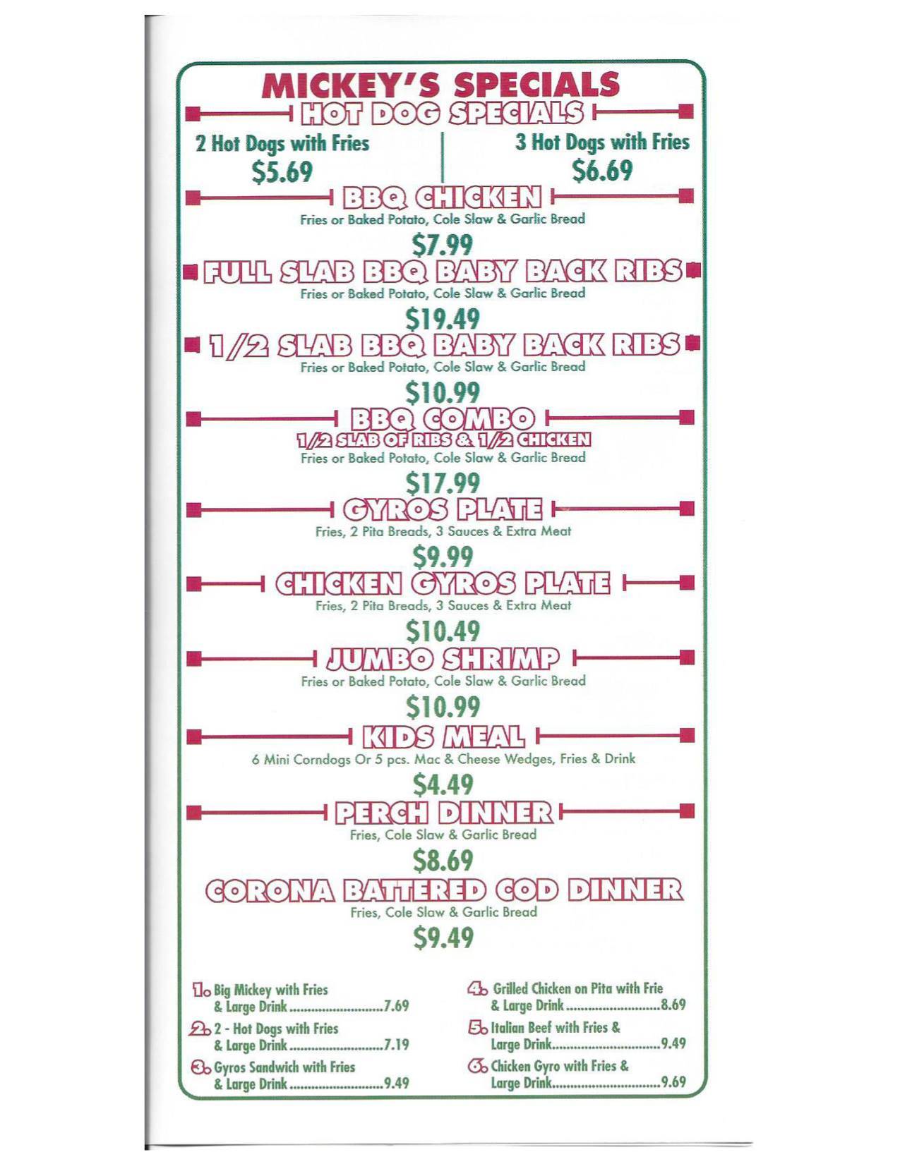 Menu at Mickey's Ribs & Gyros restaurant, Tinley Park