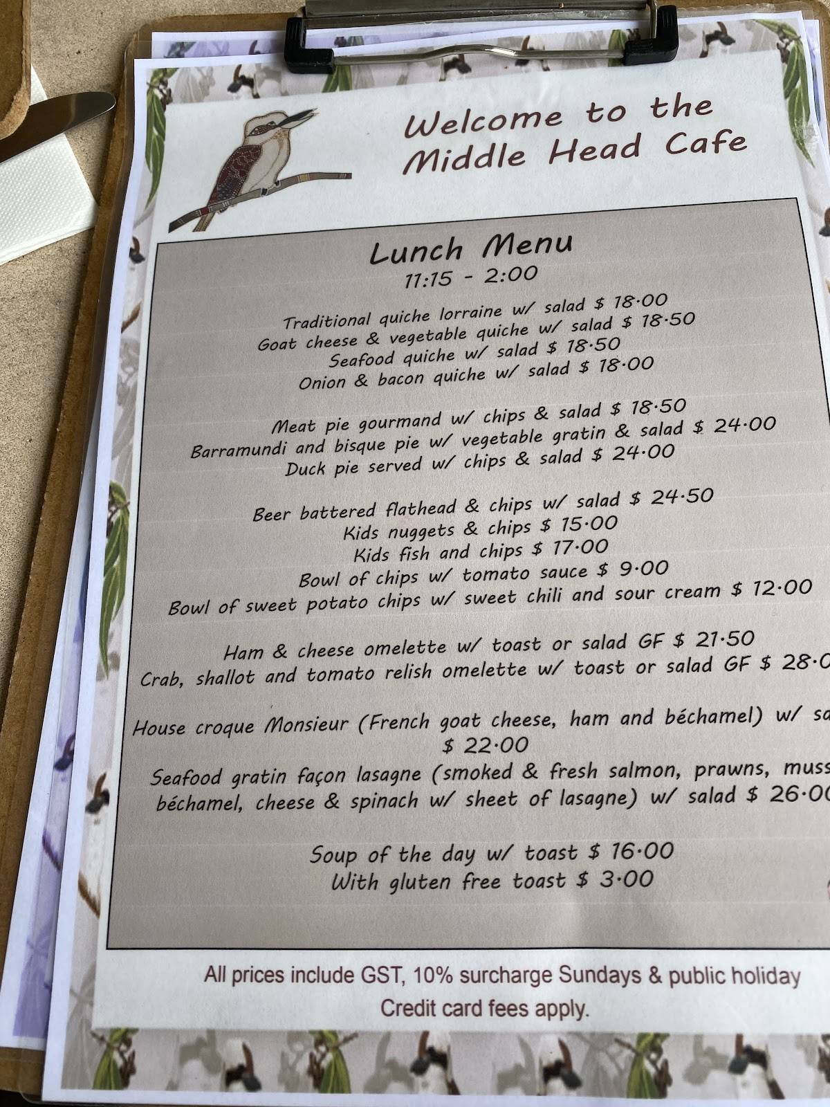 Menu at Middle Head Cafe, Mosman, Middle Head Rd