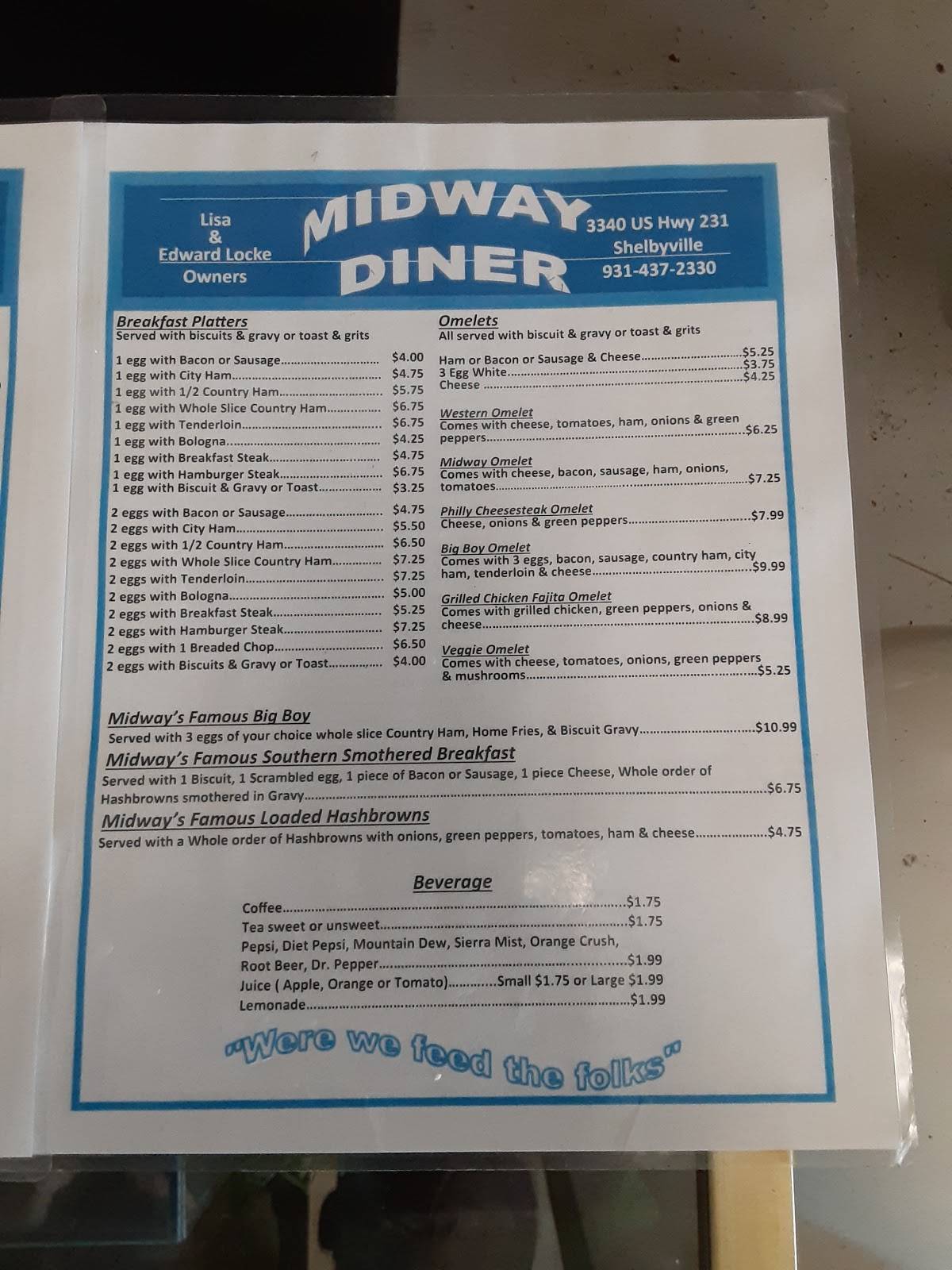 Menu at Midway Diner restaurant, Shelbyville, US-231