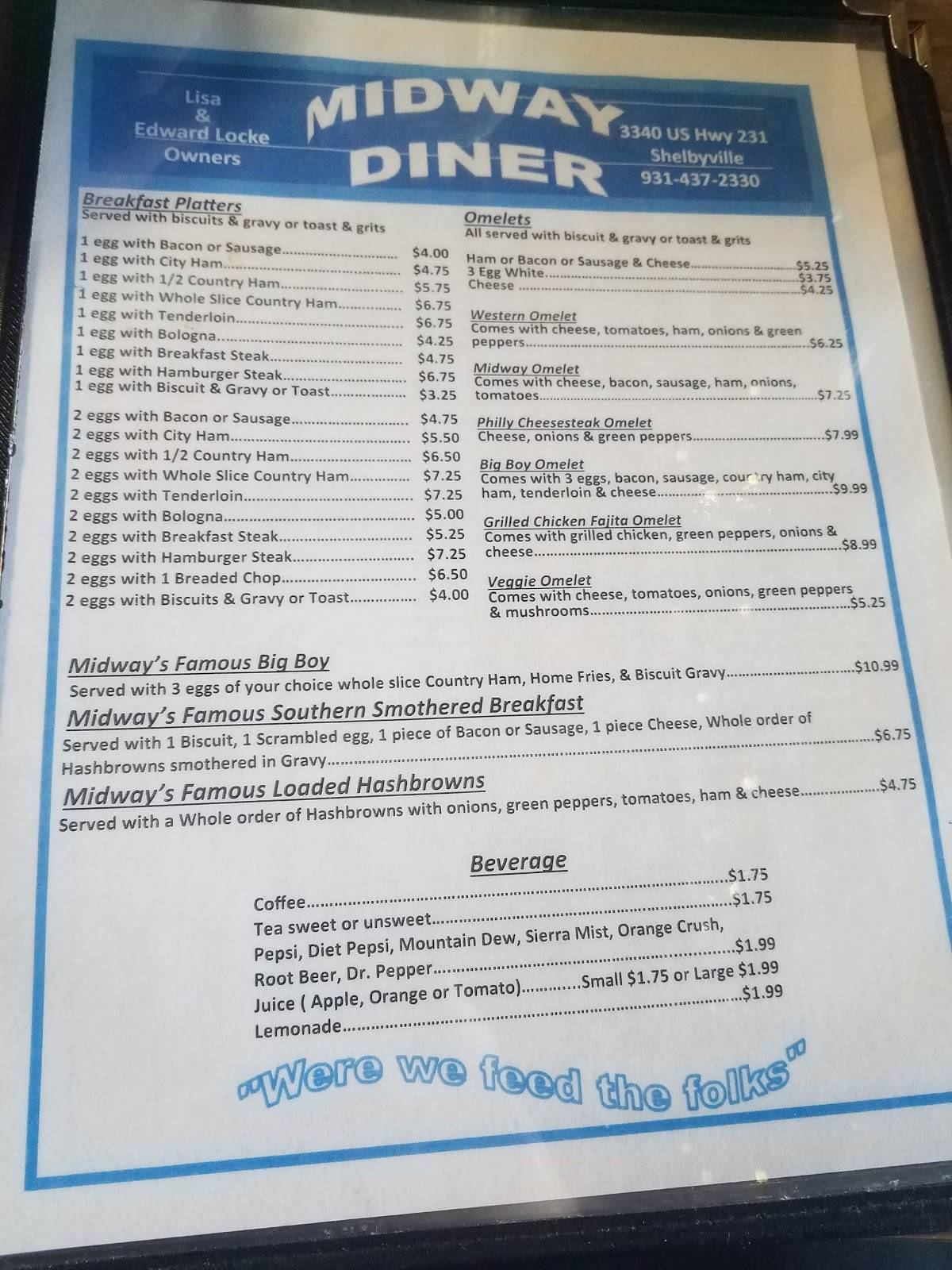 Menu at Midway Diner restaurant, Shelbyville, US-231