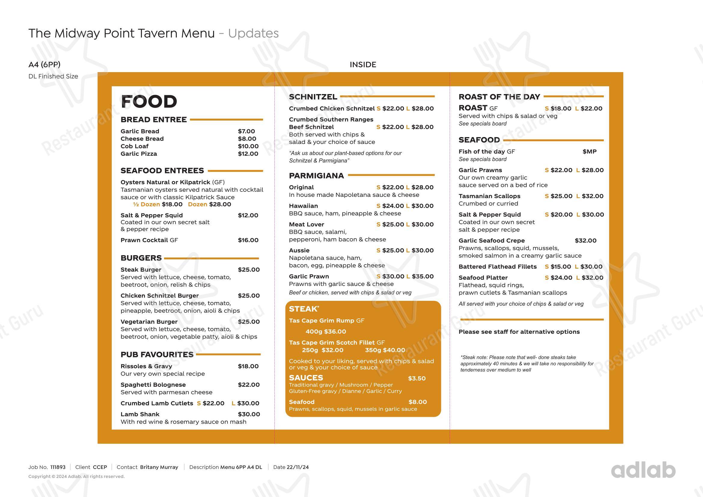 Menu at Midway Point Tavern pub & bar, Midway Point